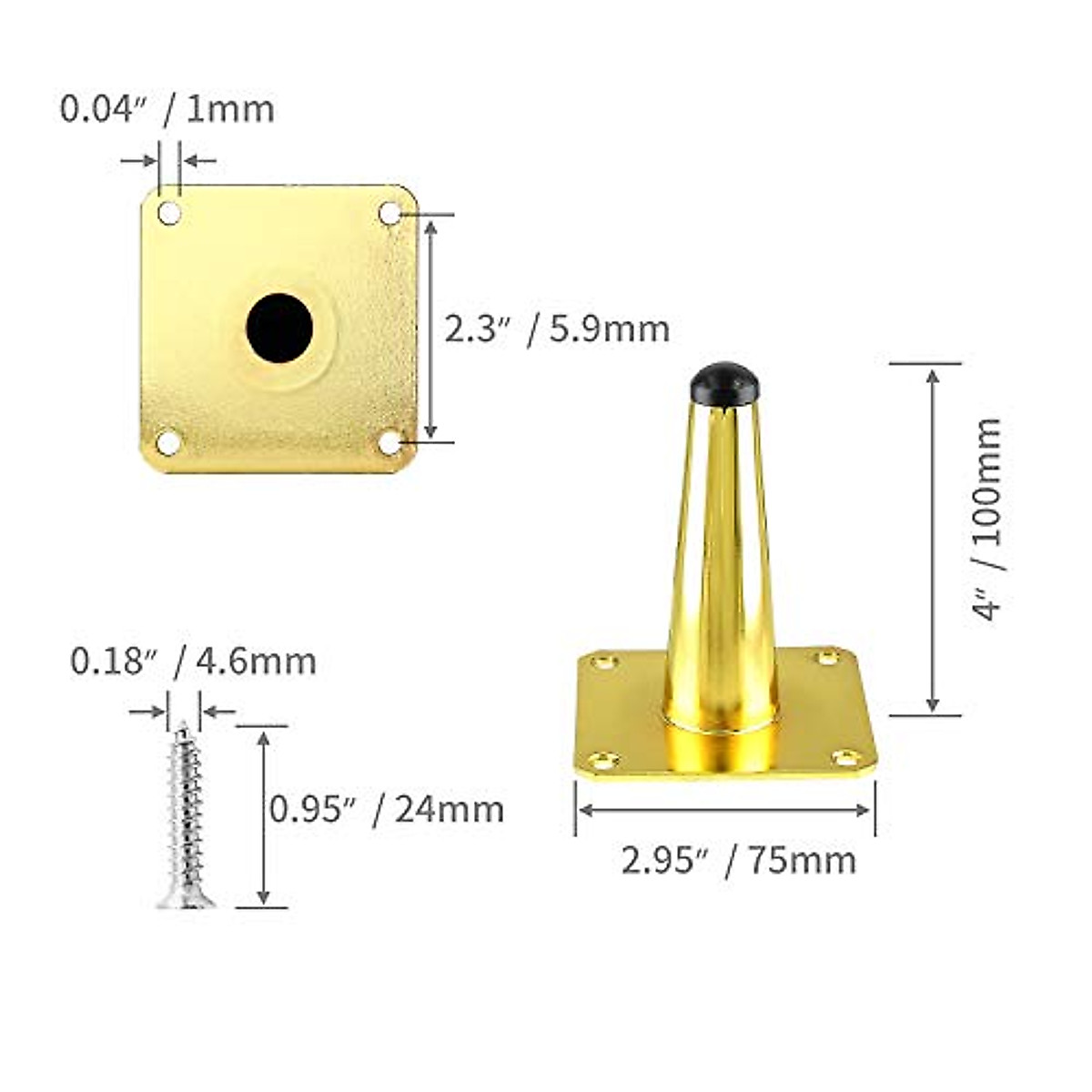 Seimneire 4pcs 4 Inch Furniture Legs, Straight Conical Metal Legs Luxury Gold Mid-Century Style Furniture Feet for Sofa Cabinet Table Chair Cupboard Couch Ottoman Home DIY Projects