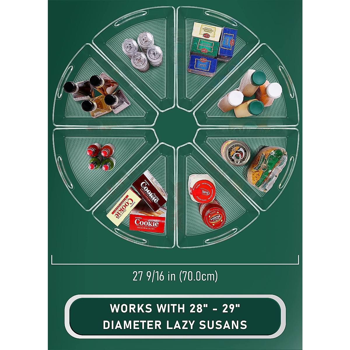 JEISSLIA Lazy Susan Cabinet Organizer Bins for 26"/ 28"/ 32" Diameter Corner Lazy Susan, Plastic Cabinet Storage Bin, 1/8 Wedge-Food Safe, BPA Free, with Non-Slip Pads (for 28" Lazy Susan, 8 Pack)