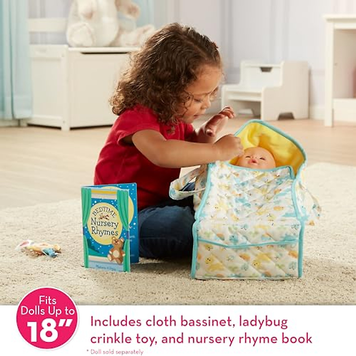 Melissa & Doug Mine to Love Bassinet Play Set Portable Carrier for Dolls with Crinkle Toy, for 3+ years, Nursery Rhyme Book