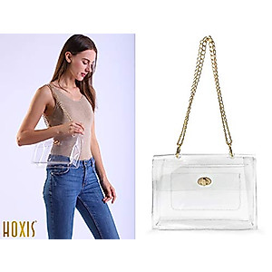 Women Clear Flap Top Chain Shoulder Handbag with Turn Lock Minimalist Messenger Purse for Stadium Approved (Clear)