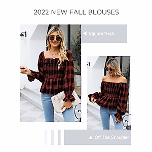 BMJL Womens Flannel Shirts Square Neck Fall Shirts Buffalo Plaid Peplum Top Sexy Off The Shoulder Top Trendy 2023 Fall Fashion(Black&Red,XL)