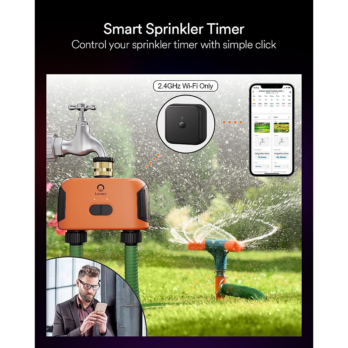Lumary Smart Sprinkler Timer 2 Zone, WiFi Water Timer for Garden Hose, Brass Inlet Water Hose Timer Outdoor, Manual/Automatic Drip Irrigation Timer, App/Voice Control Work with Alexa