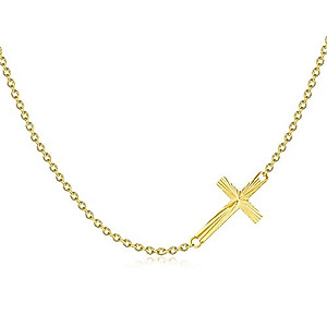 Yafeeso Solid 14K Gold Sideways Cross Choker Necklace Crucifix Cross Necklace Anniversary Mother's Day Jewelry Gifts for Her,16 Inch