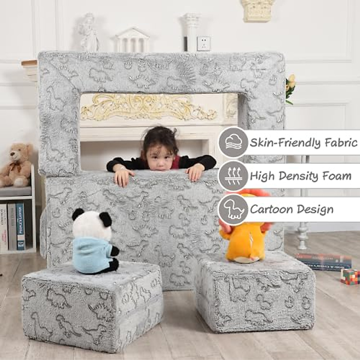 MOMCAYWEX 3pcs Kids Play Couch for Toddler, Glow in The Dark 3-in-1 Kids Couch Fold Out, Imaginative Kids Couch Play Set, Grey