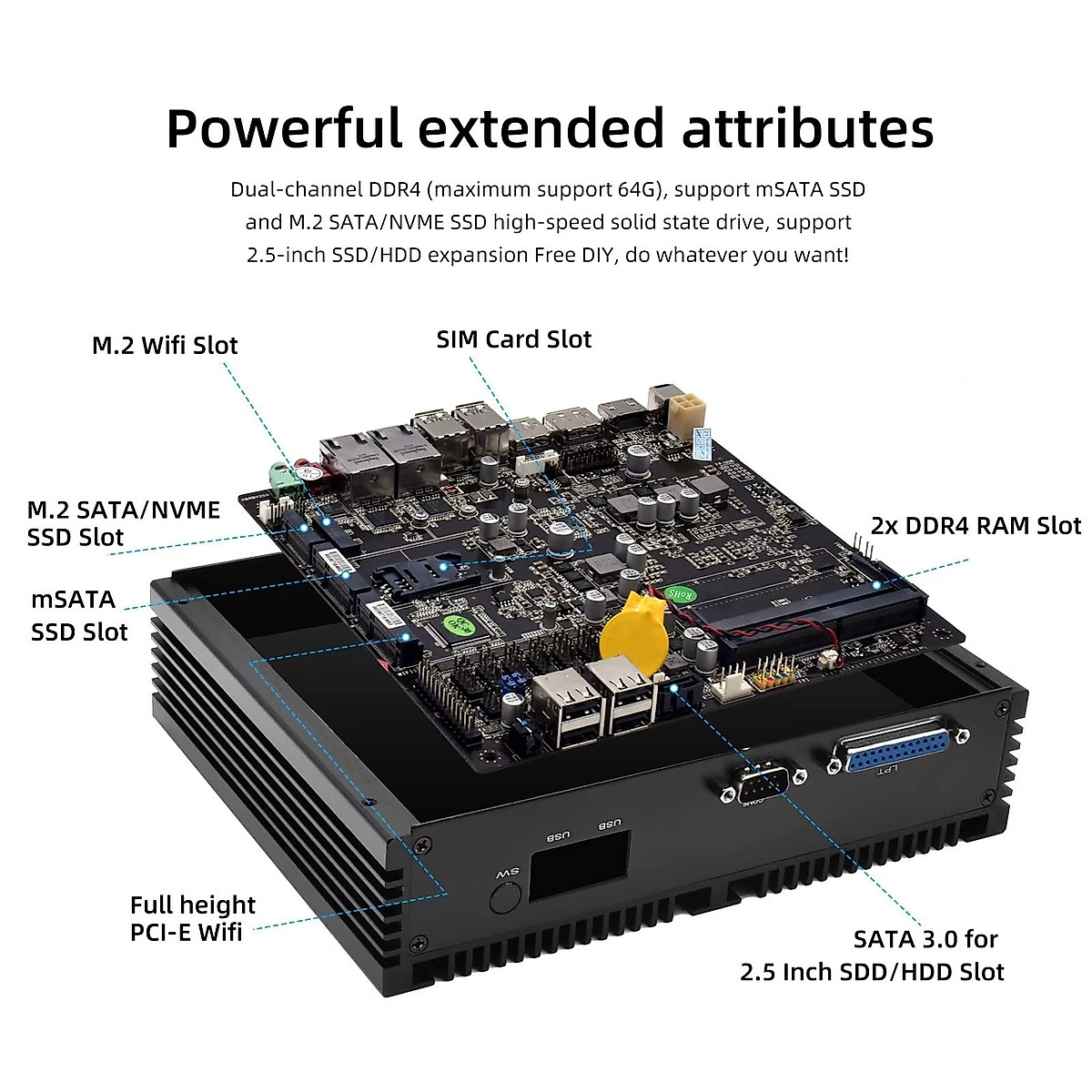 Mini Desktop Computer, Core i7-8550U, 32GB DDR4 RAM 1TB SSD, 4K@60Hz Triple Display HDMI, DP, EDP, Dual Gigabit Ethernet, 4USB2.0, 4USB3.0, 6RS232 COM, LPT port, Dual Band WiFi, Bluetooth4.2, Win11