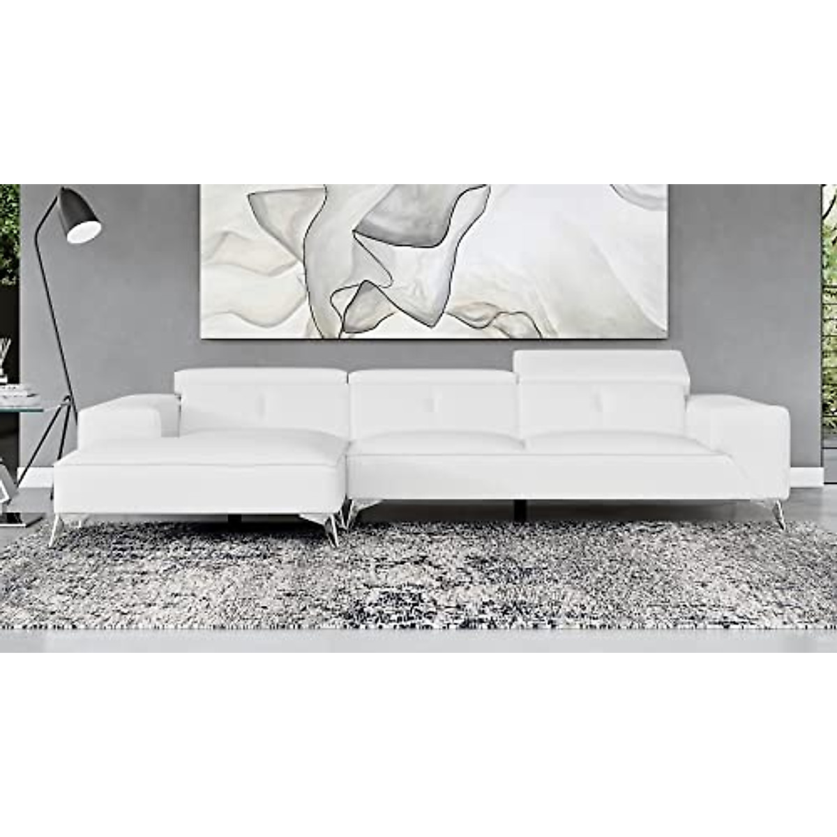 Zuri Furniture Raj Modern White Leather Sectional with Adjustable Headrests and Chaise - Left Chaise