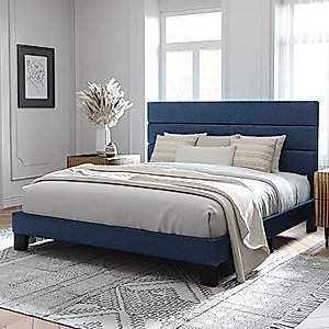 Allewie King Size Platform Bed Frame with Fabric Upholstered Headboard and Wooden Slats Support, Fully Upholstered Mattress Foundation/No Box Spring Needed/Easy Assembly, Navy Blue
