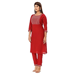 Vihaan Impex Red Kurta Embroidered Kurti with Pant Partywear Dress for Women