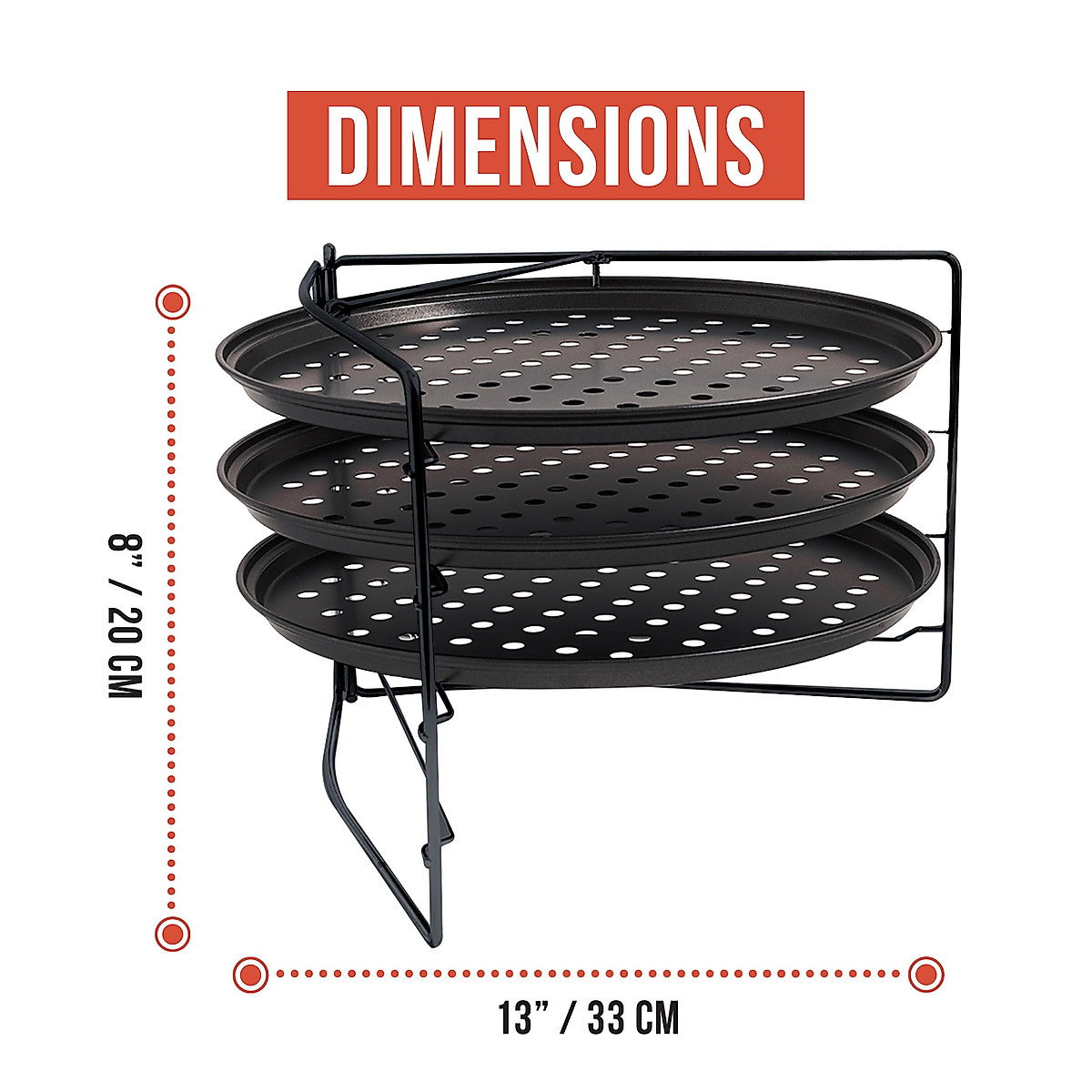 Chef Pomodoro Pizza Baking Set with 3 Pizza Pans & Pizza Rack, 13-Inch, Non-stick Pizza Stand & Pizza Tray for Oven, Grill, Pizza Pan with Holes, Perforated Pizza Pan for Oven, Barbeque