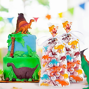 Outus 100 Pieces Dinosaur Cellophane Bags Clear Dinosaur Skeleton Bags Party Favors Bags with A Roll of Ribbon for Chocolate Candy Snacks Cookies Dinosaur Themed Party Supplies (Mixed Colors)