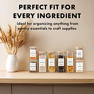 Square Glass Storage Containers with Bamboo Lids 12-Pack (4x 30 oz, 8x 17 oz) Airtight Storage Jars with Lids for Food, Stackable Kitchen Canisters with 114 Labels for Pantry [Thicker Glass 3mm]