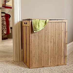 Household Essentials Folding Bamboo Laundry Hamper with Hinged Lid and Cotton Liner, Natural