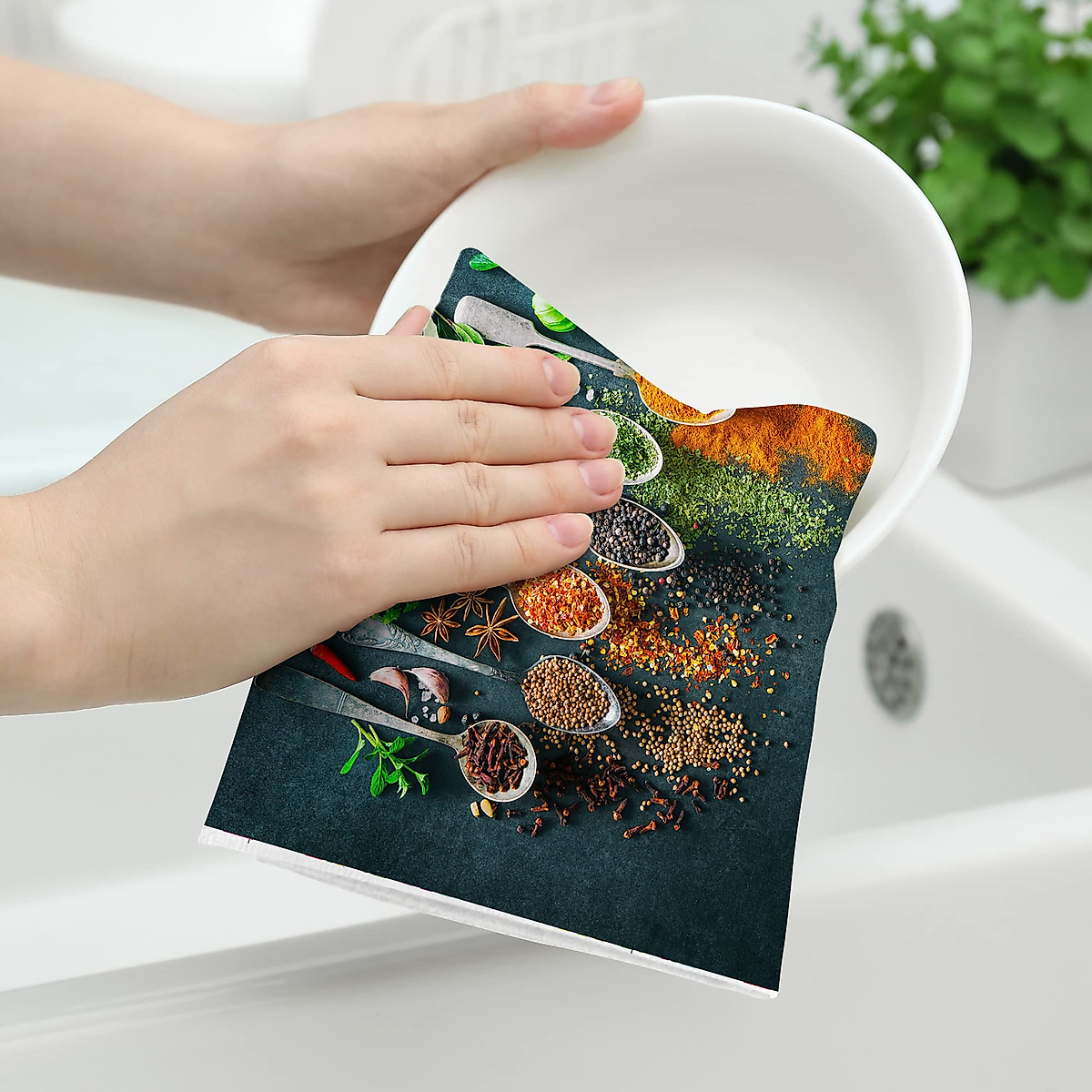 Cukemip Colourful Herbs Spices Cooking Black Dish Kitchen Towels Set of 2 Soft Absorbent Hand Towels Tea Towels Gifts Bathroom Home Decorative 16x24 Inch