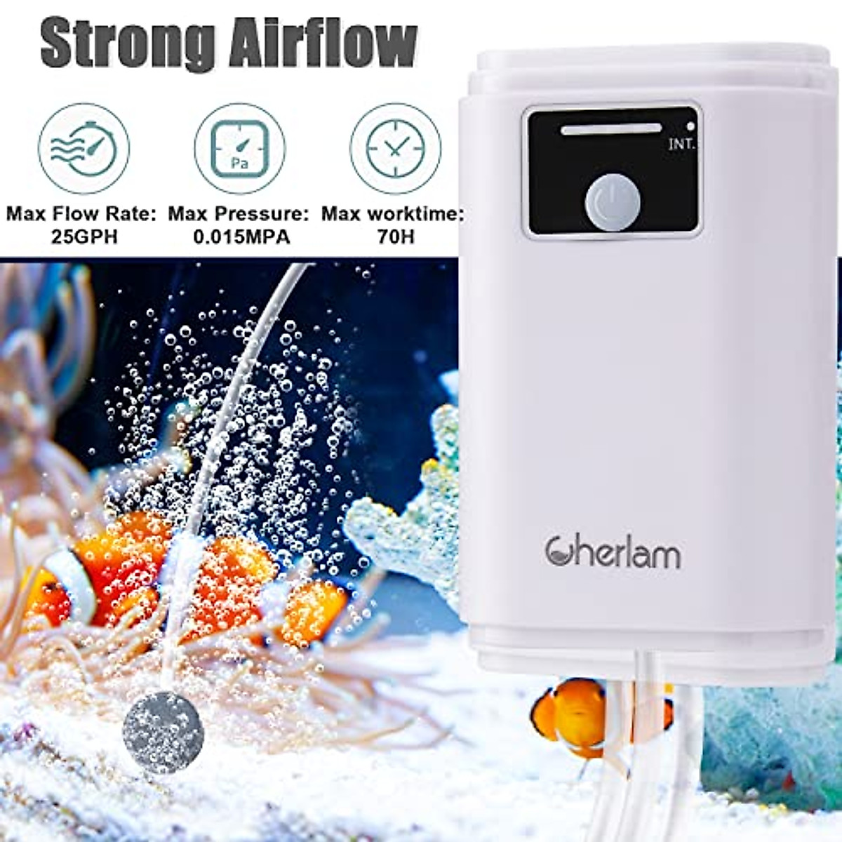 Aquarium Air Pump,CHERLAM Rechargeable&Portable Fish Aerator Pump,Lithium Battery Operated Fish Tank Air Pump with Air Stones,USB Air Pump for Fish Tank for Outdoor Fishing, Emergency, Power Cuts