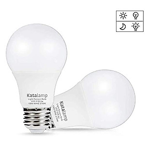 Dusk to Dawn Light Bulb Outdoor - 2 Pack LED Sensor Light Bulb Automatic Light Sensing, 6W 40 Watt Equivalent Warm White 2700K Standard Base, Indoor Outdoor Porch Patio Front Door Yard Lighting