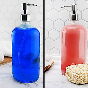 Cornucopia 32oz Glass Pump Bottles with Stainless Steel Pump (2-Pack, Clear); Economy Size Soap Dispenser for Massage Oils, Lotions, Liquid Soaps