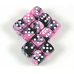 Wondertrail Pink Black Gemini with White Pips 12mm D6 Dice Set of 12 WCX26830E12
