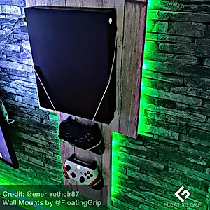 Xbox One X Wall Mount by FLOATING GRIP - Mounting Kit for Hanging Gaming Consoles - Strong & Slim Ropes - Easy-to-Install System (Bundle: Fits Xbox One X + x2 Controllers, Black)