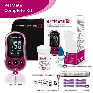 VetMate Dogs/Cats Diabetes Monitoring Starter KIT (Auto-Coding) - 1 Pet Blood Glucose Meter, 10 Test Strips, 1 Lancing Device, 10 Lancets, 1 Control Solution – Calibrated for Dogs and Cats
