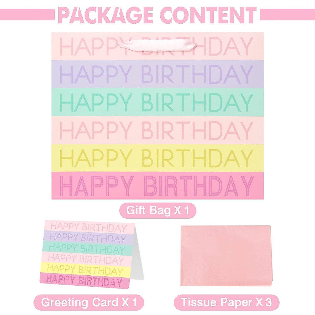 13" Large Happy Birthday Gift Bag with Tissue Paper, Card and Handles for Girls Women Kids Birthday Party (Colorful Stripes)