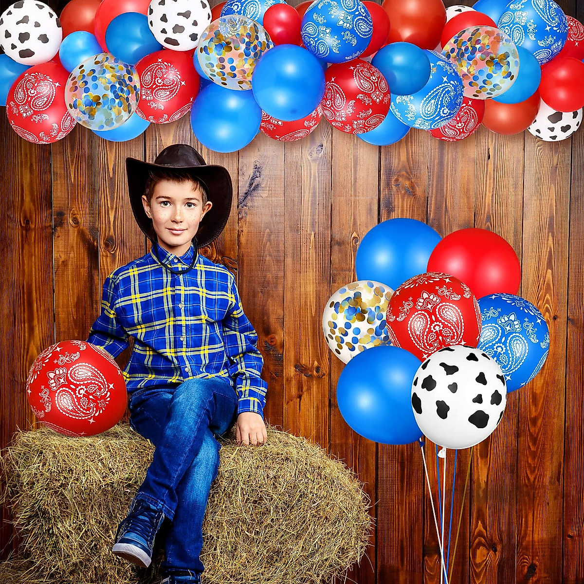 130 Pieces Western Cow Boy Balloon Arch Garland Blue Red Cowboy Bandana Latex Balloons Western Theme Supplies for Party Boys and Girls Baby Shower Cowboy Birthday Party Decorations