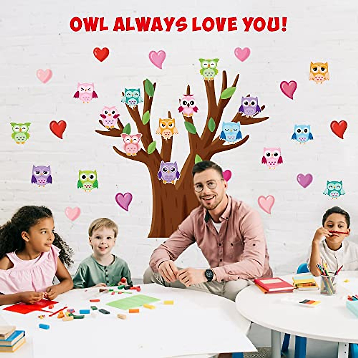 111Pcs Valentine's Day Classroom Tree Heart Owls Bulletin Board Cut 0ut ...