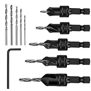82° Countersink Drill Bit Set 5pcs 1/4" Quick Change Adjustable Tapered Drill Bits and Replacement Drill bits 5pcs with Allen Key for Woodworking