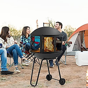 Tangkula Portable Fire Pit with Wheels, 28 Inch Wood Burning Fire Pit with Log Grate, Poker, Rolling Patio Fireplace Wooden Bonfire Firepit for Outdoor Entertaining Black