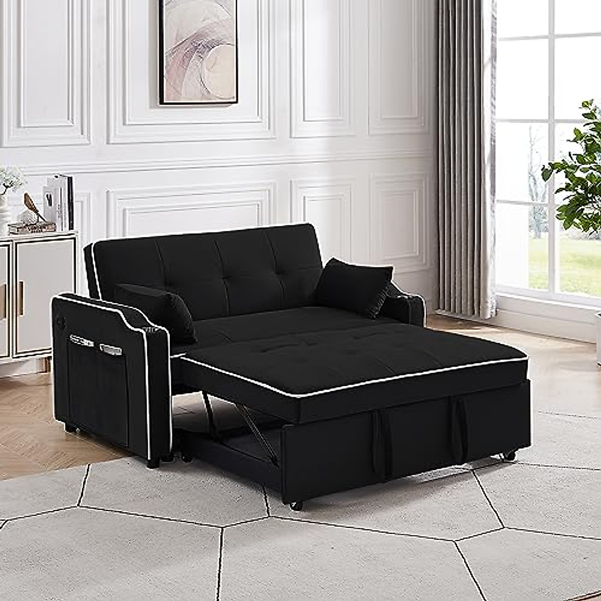 Eafurn Futon Loveseat Couch with Pull Out Bed,3-in-1 Multi-Functional Upholstery Convertible Sleeper Sofa Reclining Chaise Lounge with Adjustable Backrest, Sofacama for Living Room, Small Space
