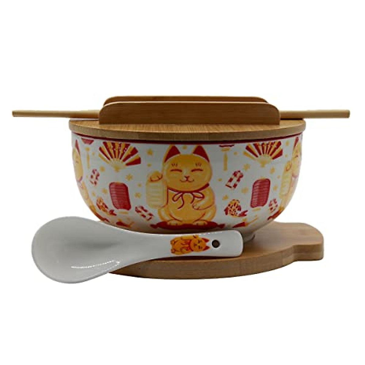 XWORLD Japanese Ceramic Ramen Noodle Bowls Set with Ceramic Spoon, Bamboo Chopsticks, Lid & Trivet, Serving Capacity of 33.8 OZ, Microwavable Oven Safety (3.3” x 6.6” D) (Lucky Cat)