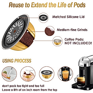 CAPMESSO Reusable Coffee Capsule Lids for Reusable Nespresso Pods Vertuo, Food Grade Silicone Caps for Any Sizes of Refillable Vertuo Pods with Scoop and Brush(3PCS Silicone Caps)