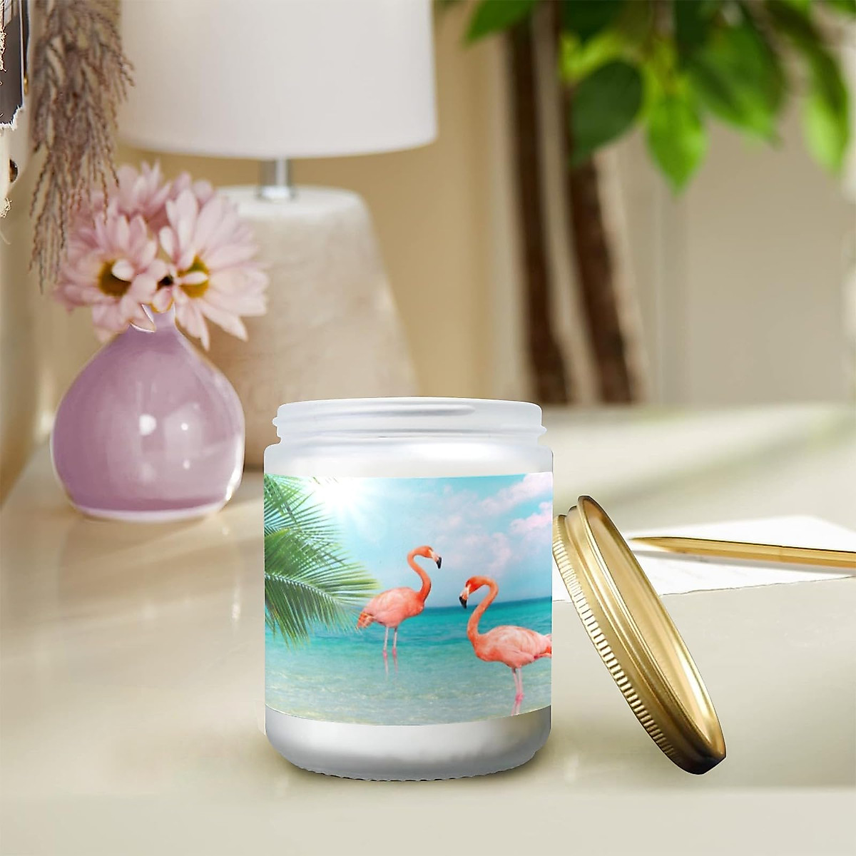 susiyo Frosted Glass Candle Cup Soy Wax Candles, Vanilla Scented Candle - Summer Flamingos Stand in Blue Sea