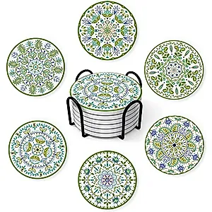 STARUBY Coasters Absorbent Ceramic Coaster Drink Coasters with Cork Back Beautiful Flower Patterns Set of 6 Round Coaster Non Slip for Coffee Wine Glass Home Bar 4 Inch, Grape Color