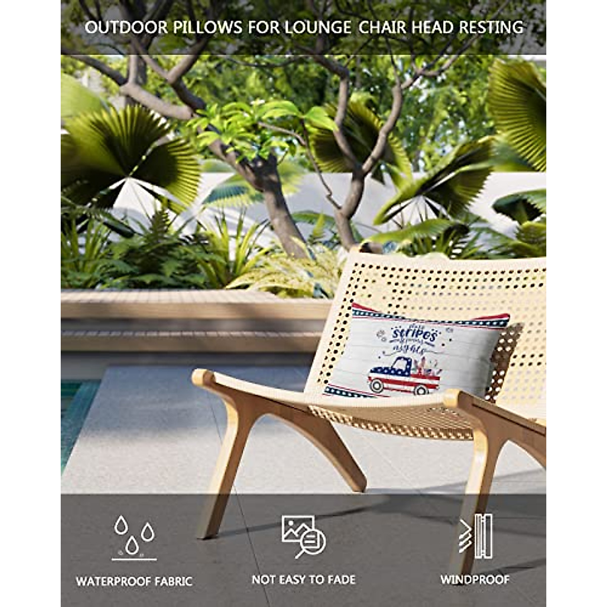 Recliner Head Pillow Ledge Loungers Chair Pillows with Insert 4th of July Truck Red and Blue Stripes Wood Lumbar Pillow with Adjustable Strap Outdoor Waterproof Patio Pillows for Beach Pool, 2 PCS