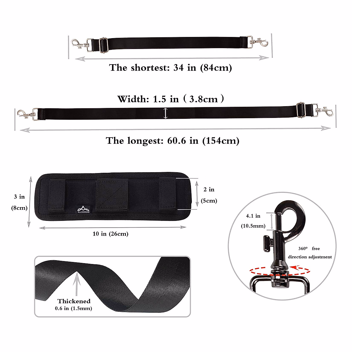 Allzedream Bag Shoulder Strap Replacement Laptop Travel Duffle Bags Padded Adjustable (Black, Silver Hardware)