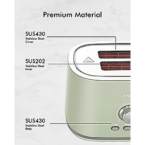 Toaster 2 Slice Stainless Steel Toaster Retro with 6 Bread Shade Settings, Bagel, Cancel, Defrost Function, Longdeem 2 Slice Toaster with Extra Wide Slot, Removable Crumb Tray, Pastel Green