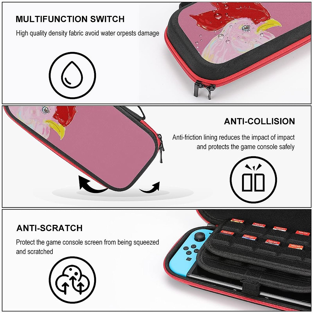 Chicken Pink Rooster Travel Carrying Case Game Bag for Nintendo Switch Console Accessories Holds 20 Game Card Bag