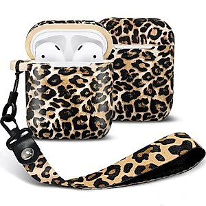 MOLOVA Case for Airpods 1&2 Case,Leopard Airpod Case with Strap Compatible with AirPods 2/1,Full Protect Silicone Skin Cover with Fur Ball Keychain for Women Girls Teen