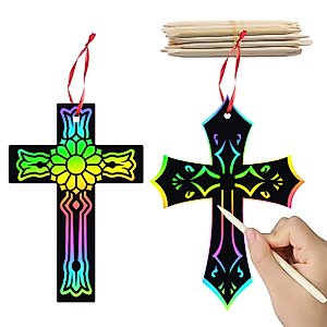 WATINC 60Pcs Scratch Cross Ornaments, Magic Art Color Craft Kit for Kids Magic Scratch Party Favors, Scratch Paper Hanging Tags, Birthday Gifts for Kids, DIY Art Craft Kit for Boys Girls