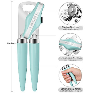 PAKITNER - Can Opener Manual, Safe Cut Heavy Duty Hand Can Opener with Magnetic Lifter, Stainless Steel with Sharp Blade Smooth Edge Can opener, Easy Big Turn Knob, with Bottle Opener, Aqua Sky