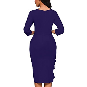 Purple Dress Women Summer Party 3/4 Sleeve Ruffle Peplum Work Midi Pencil Dress(Purple Large)