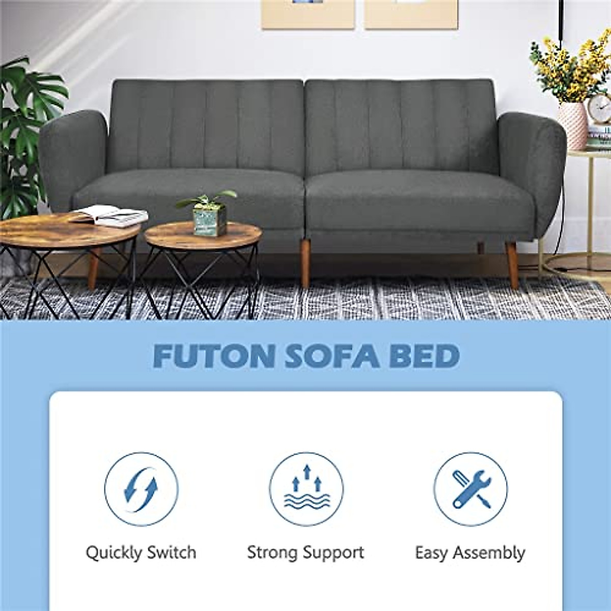 Walnut Convertible Futon Sofa Bed Adjustable Couch Sleeper W/Wood Legs Elegant and Fashionable Appearance (Color : C)