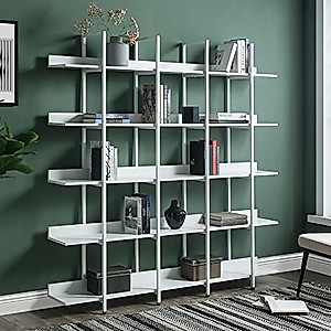 5-Tier Bookcase, Tall Freestanding Wooden Bookshelf Industrial Style for Home Office, Storage Organizer with Metal Frame, White