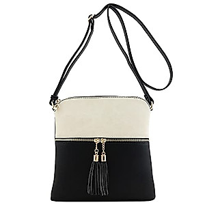 FashionPuzzle Tassel Zip Pocket Crossbody Bag (Beige/Black)