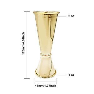 2 PCS Japanese Style Double Jigger, findTop 1oz / 2oz Stainless Steel Measure Liquor Cocktail Jiggers with Interior Measurements (Gold)