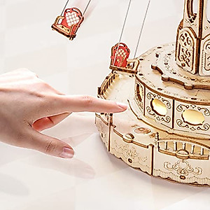ROKR 3D Puzzles Wooden Music Box Kit with LED, Rotating Swing Ride Mechanical Model Kit DIY Wood Craft Hobbies Kit for Adults Birthday for Boys/Girls
