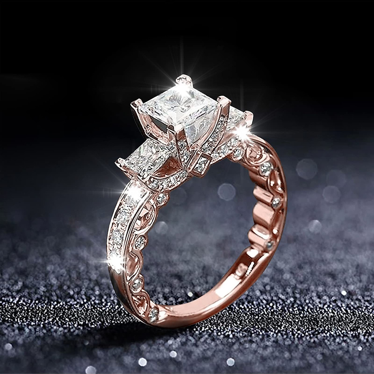 Cushion Cut Simulated Diamond Ring for Women Zircon Ring Engagement Wedding Band CZ (Rose Gold, 10)