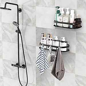 vinlley Shower Caddy, Shower Shelf, Adhesive Shower Organizer No Drilling, SUS304 Stainless Steel Shower Shelf for Shower and Bathroom Storage, 2 Pack with 6 Hooks&4 Transparent Wall Stickers, Black