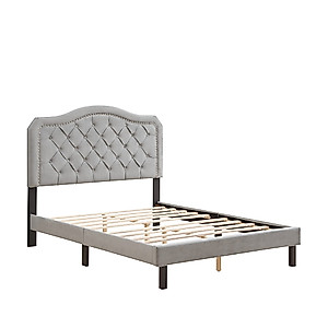 Prohon Queen Platform Bed with Tufted Trim Headboard, Upholstered Bed Frame Curved Bedframes for Kids, Teen & Adults, No Box Spring Needed, 83.8"L x 69.29"W x 42.5"H, Grey