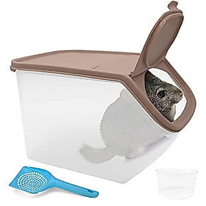 BNOSDM Chinchilla Sand Bath Container Chinchilla Dust Bath Tub Transparent Hamster Toilet Shower Room Plastic Hamster Bathroom Kit with Sand Cup&Scoop for Gerbil Hedgehog Squirrel (Coffee)
